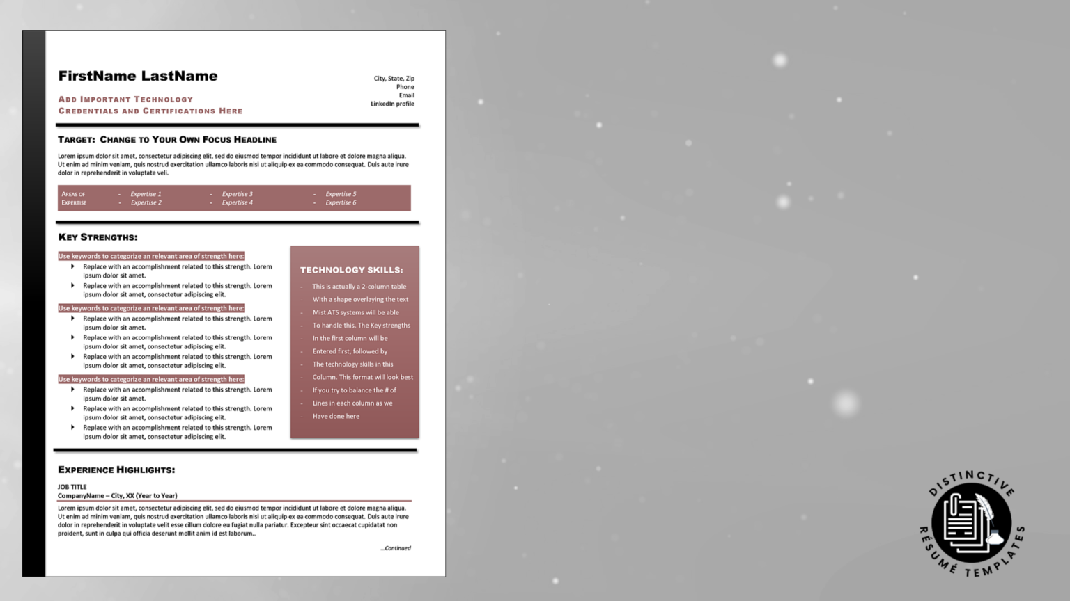 Technical Resume Template - Distinctive Resume Templates
