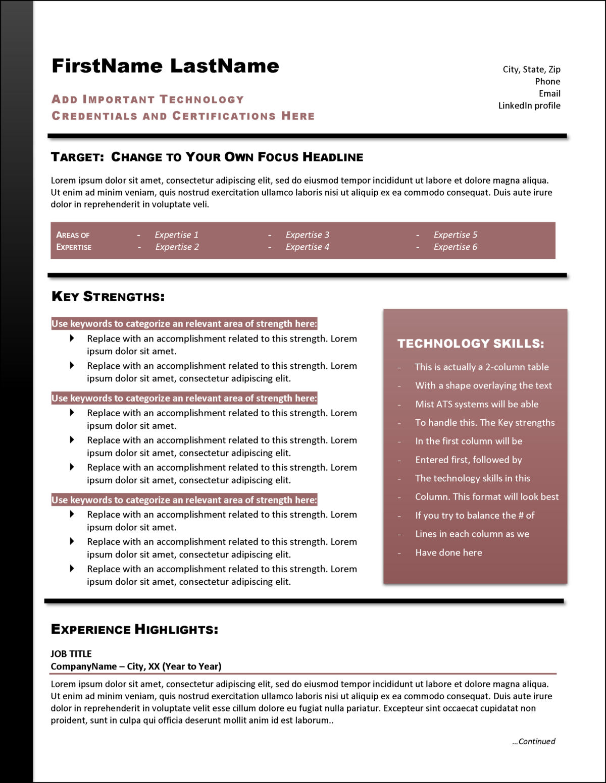 Technical Resume Templates for Microsoft Word