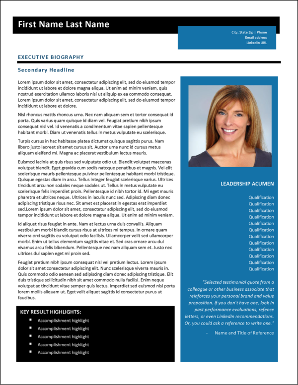 Elegant Executive Profile, Bio, References & Cover Letter Templates