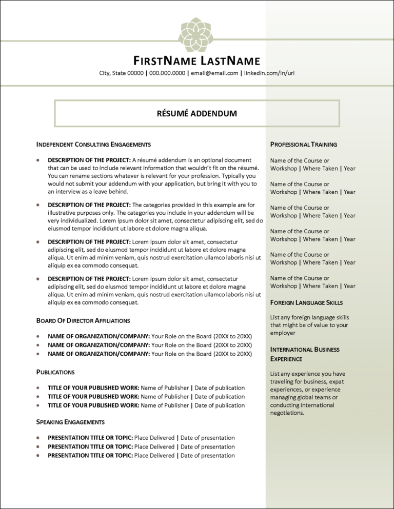 Resume Addendum, Bio, References & Letterhead Templates