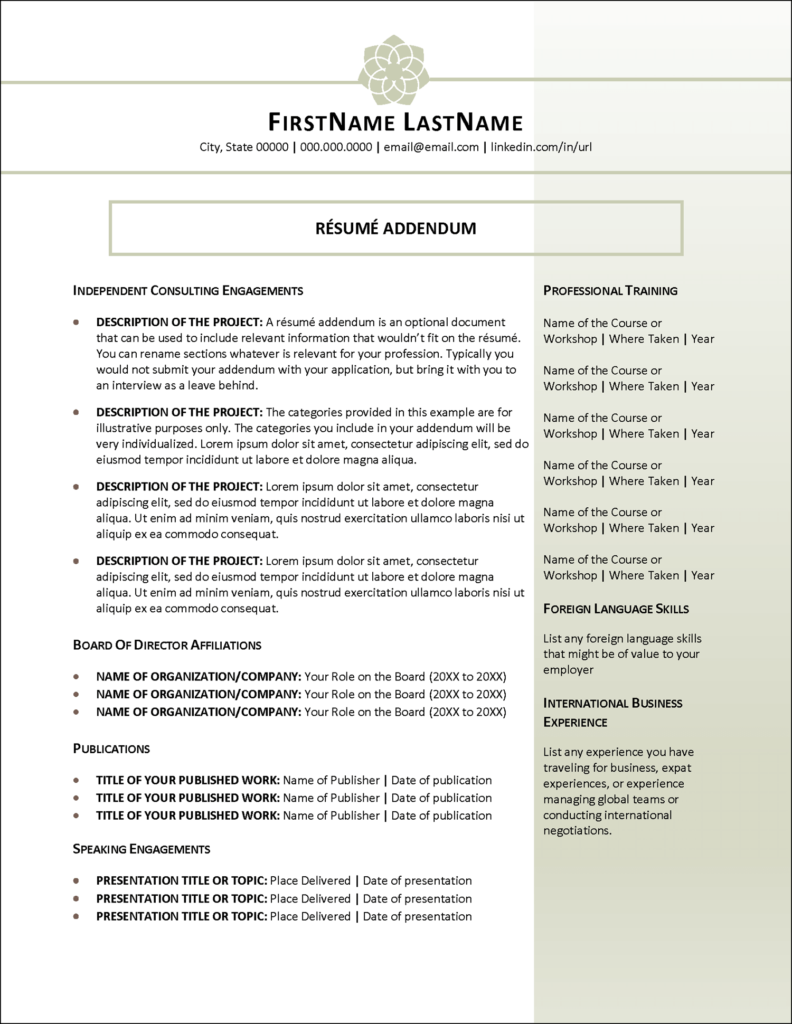 Resume Addendum, Bio, References & Letterhead Templates