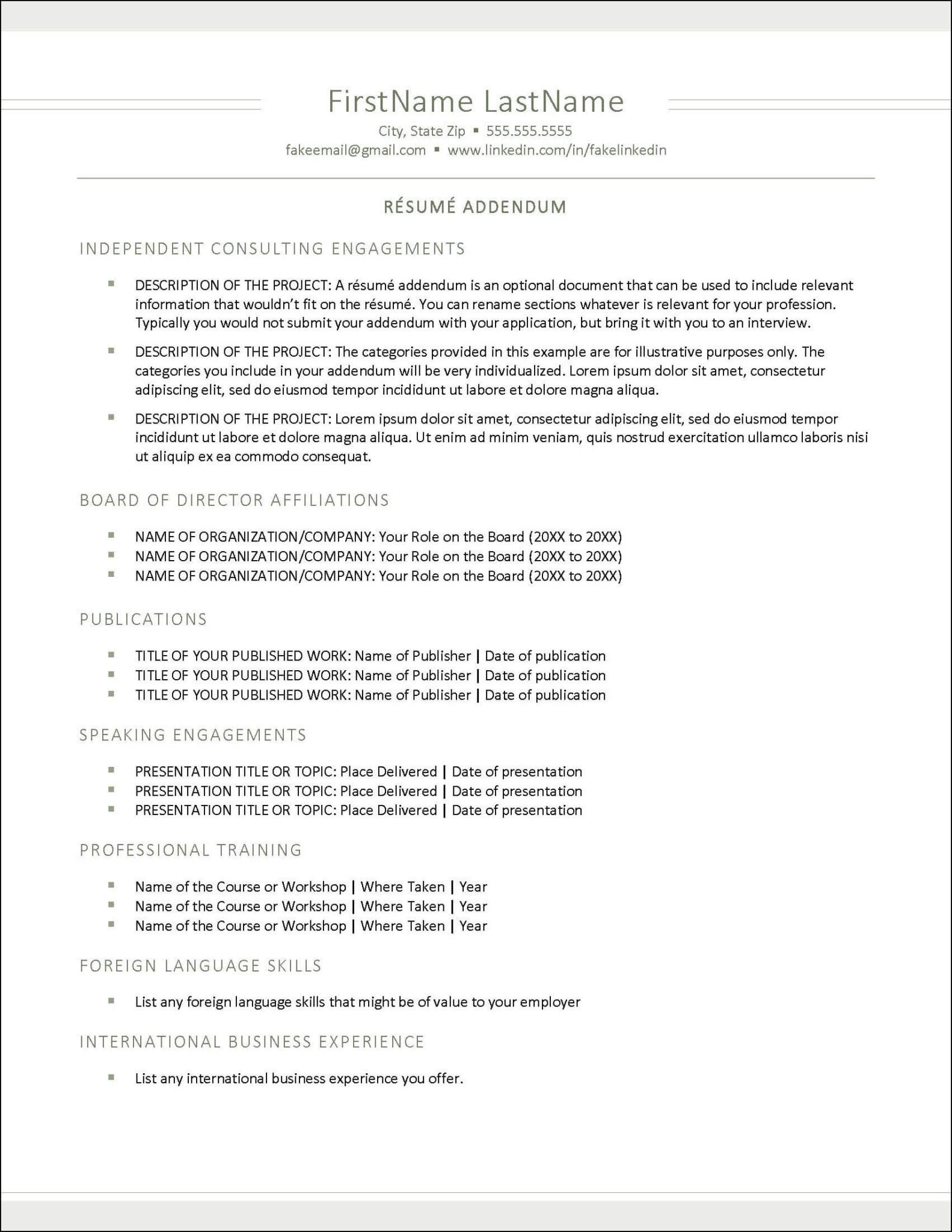 Clean-Looking Resume Addendum, Bio, References & Letter Templates