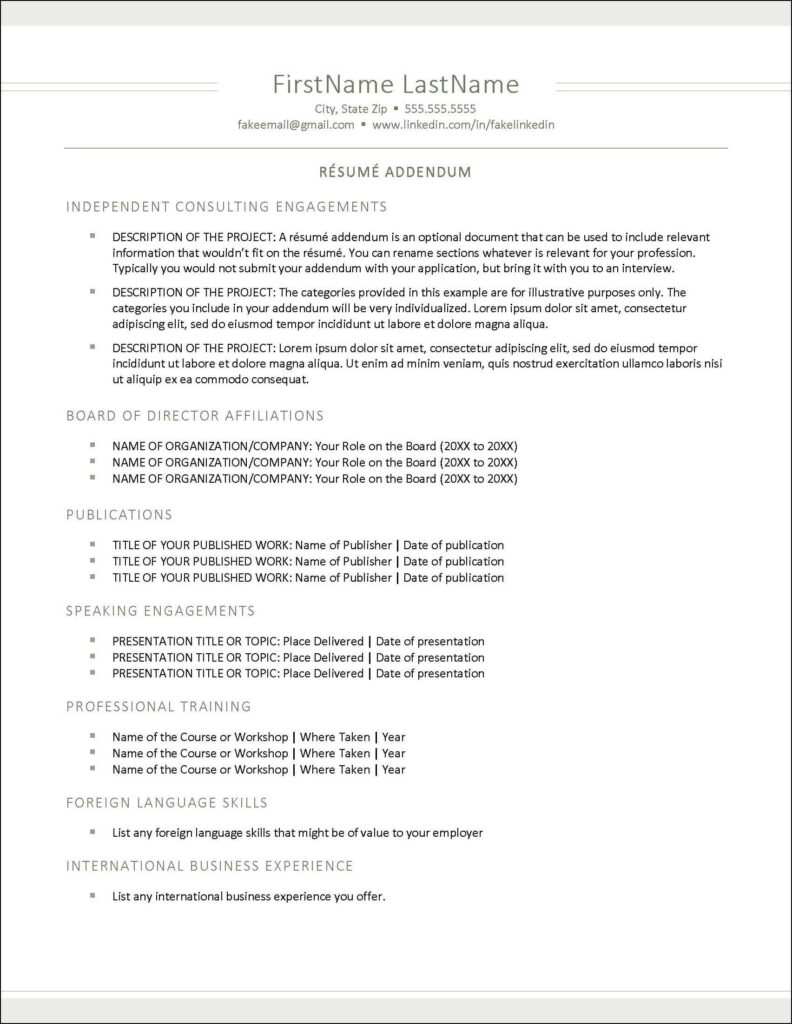 Clean-Looking Resume Addendum, Bio, References & Letter Templates