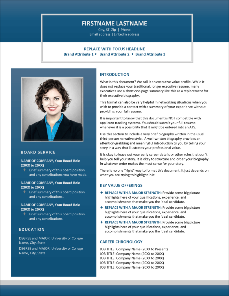 Executive Profile, Biography, References & Letterhead Templates
