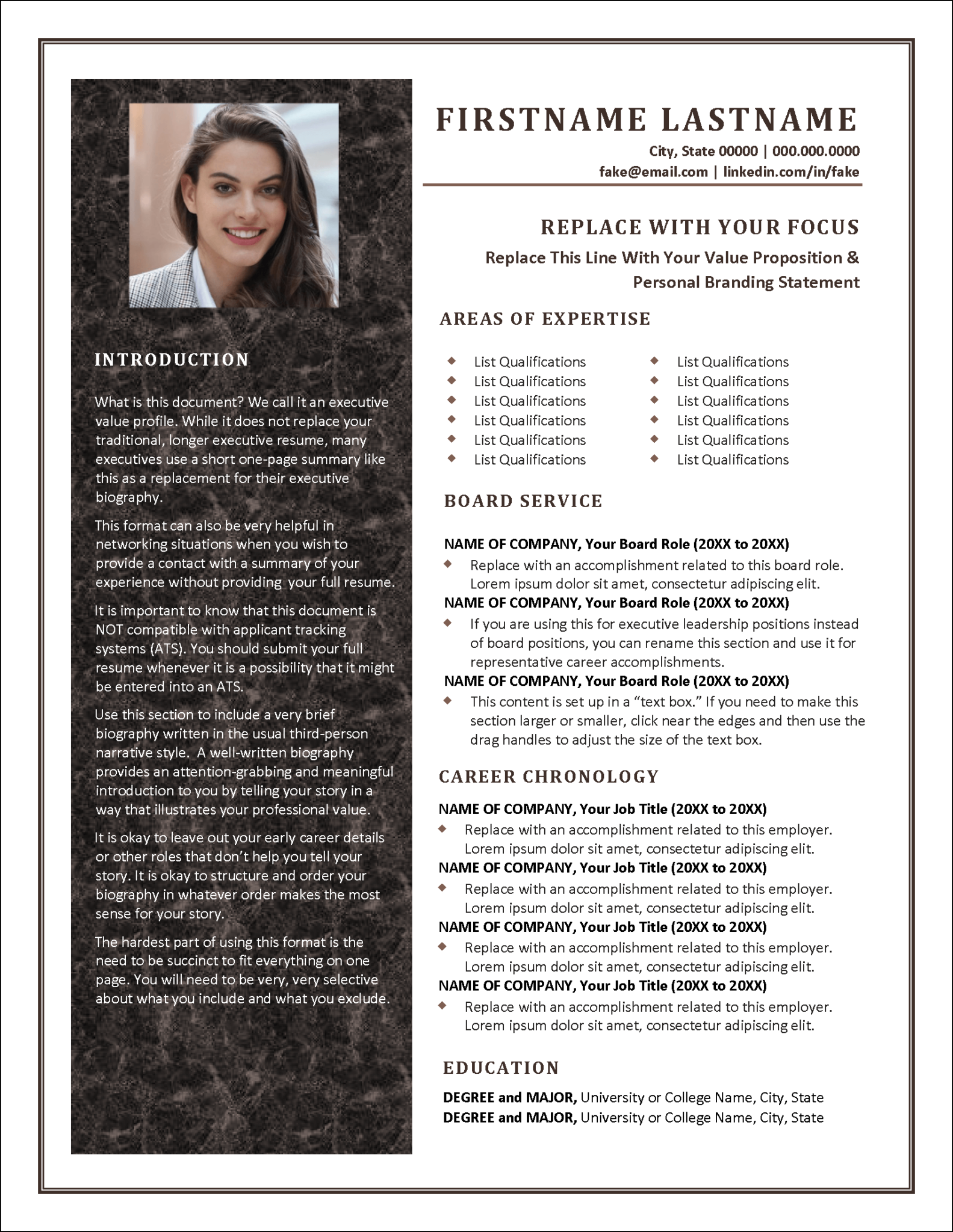 Modern Classic Executive Profile, Bio, References & Letter Templates