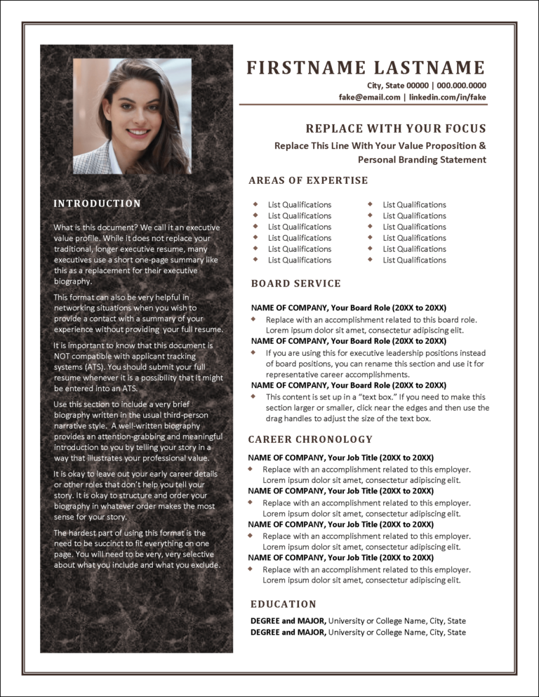 Modern Classic Executive Profile, Bio, References & Letter Templates
