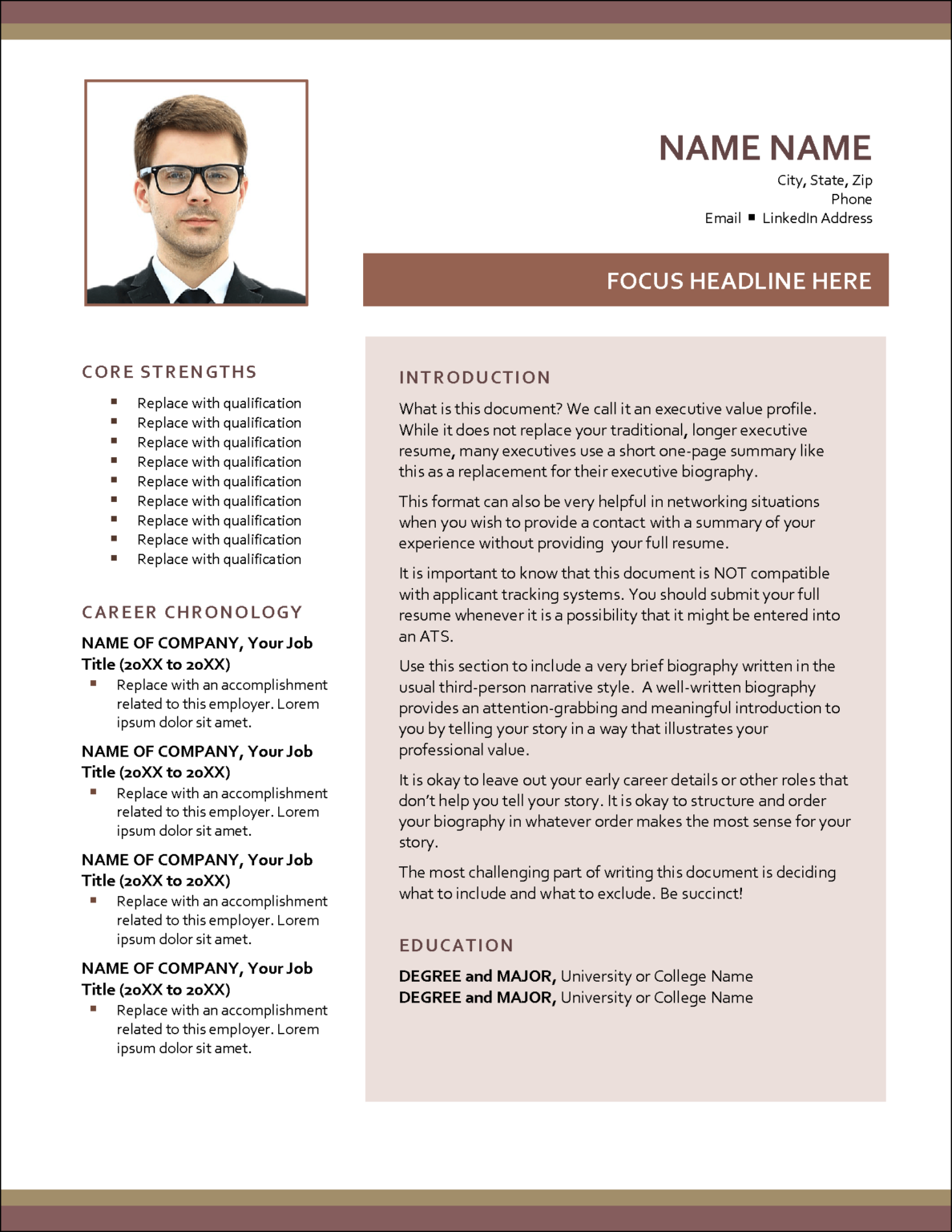 Versatile Executive Profile, Bio, References & Cover Letter Templates