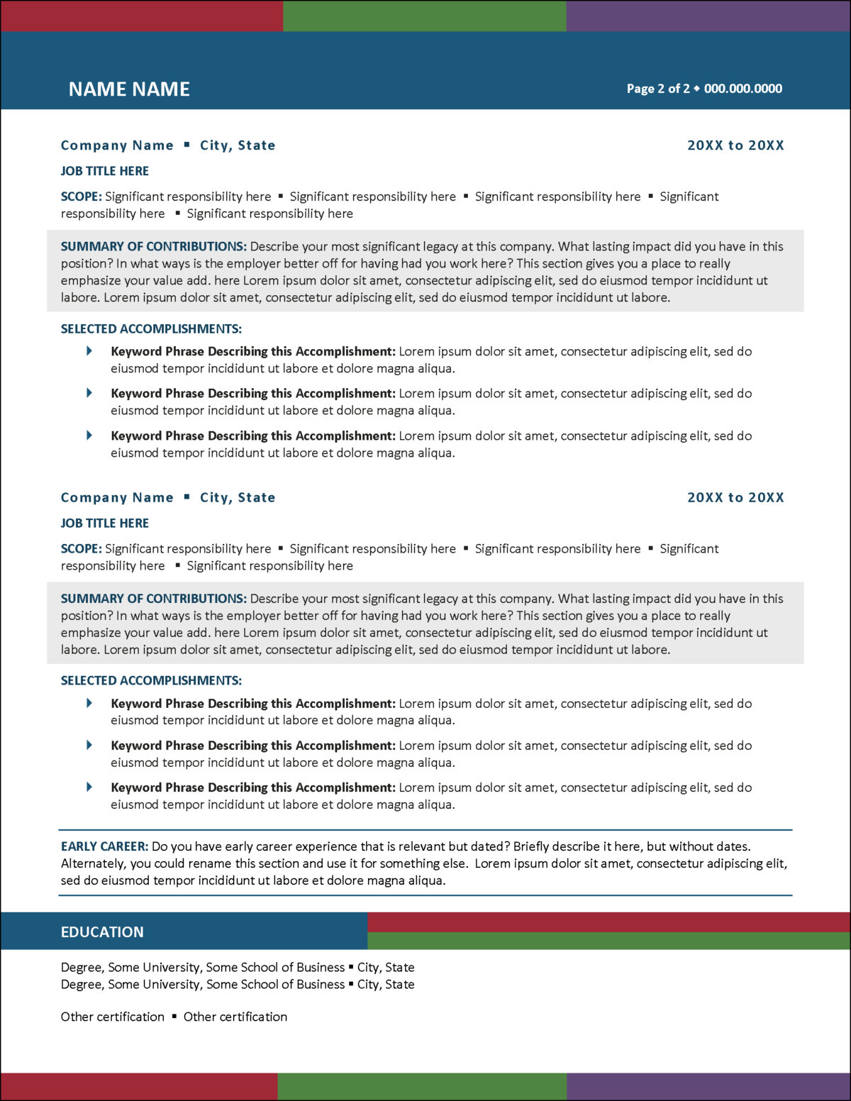 Vibrantly Colored Executive Career Templates