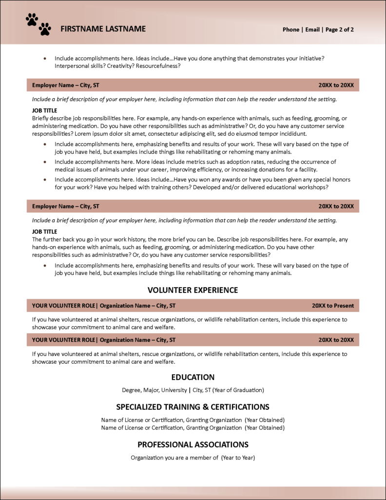 Custom-Designed Animal Care Resume Template for Word