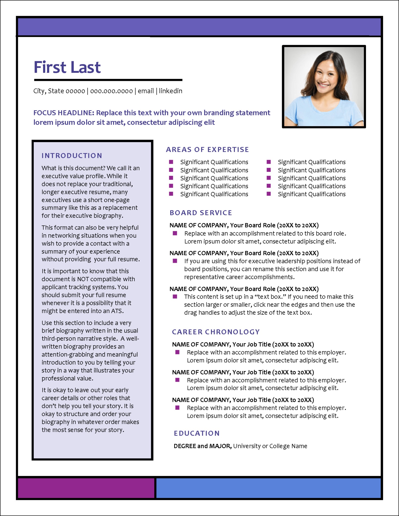 Creative Executive Profile, Bio, References & Cover Letter Templates