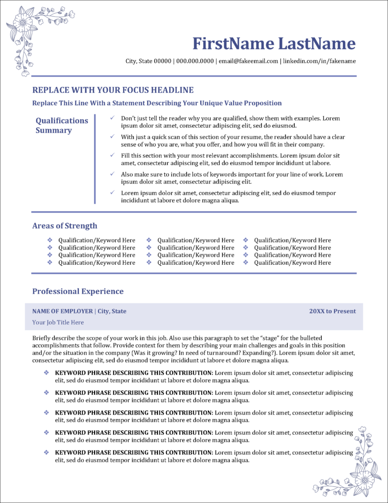 Coordinating Floral Career Document Templates for MS Word