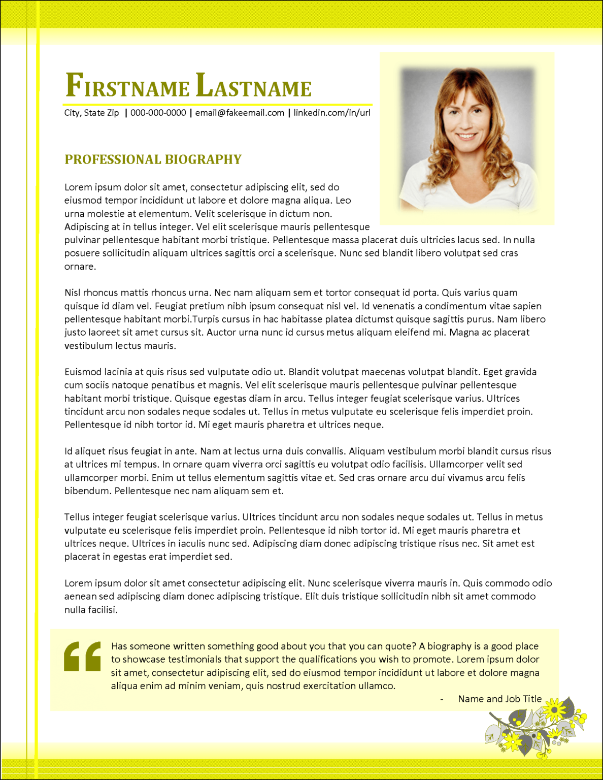 Beautiful Executive Profile, Bio, References & Letter Templates