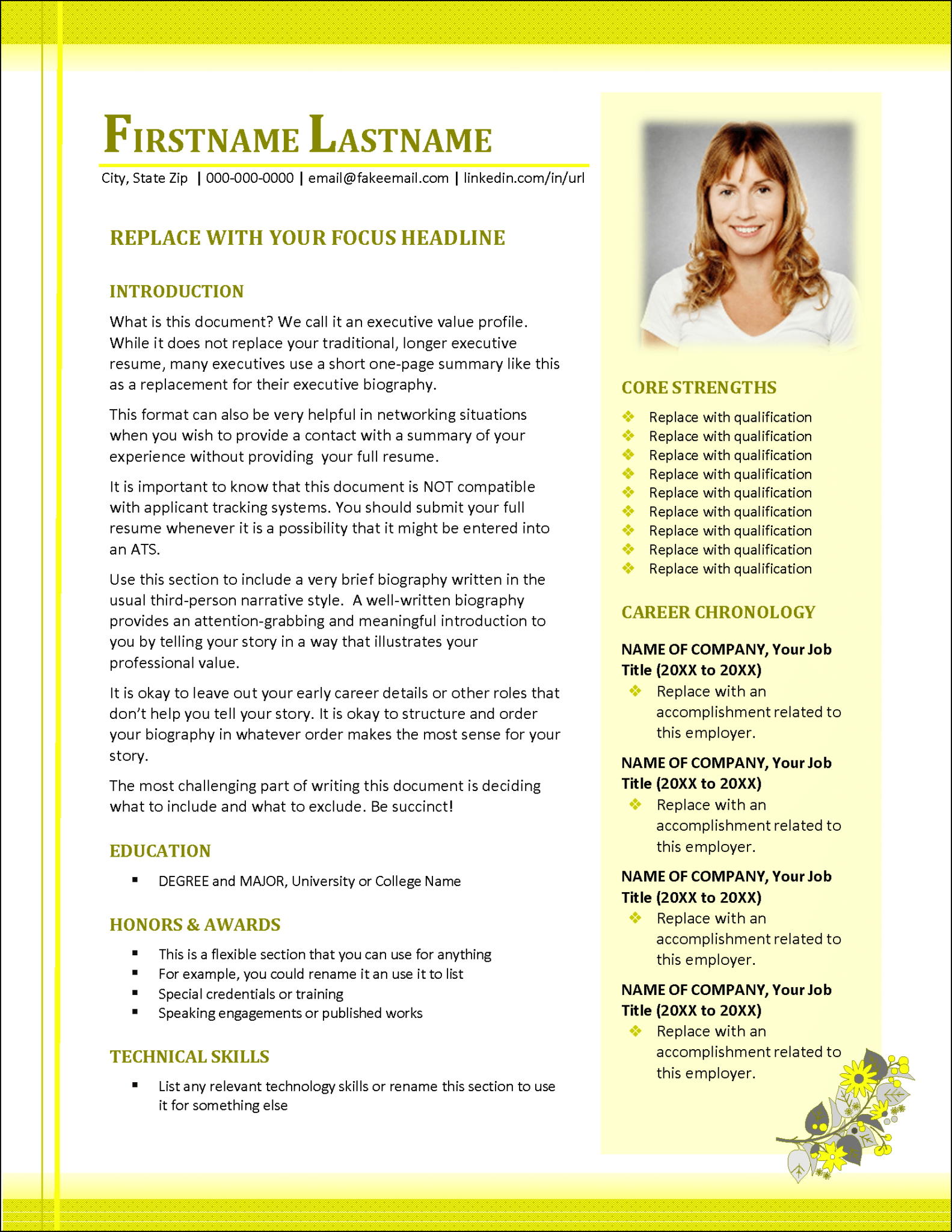 Beautiful Executive Profile, Bio, References & Letter Templates