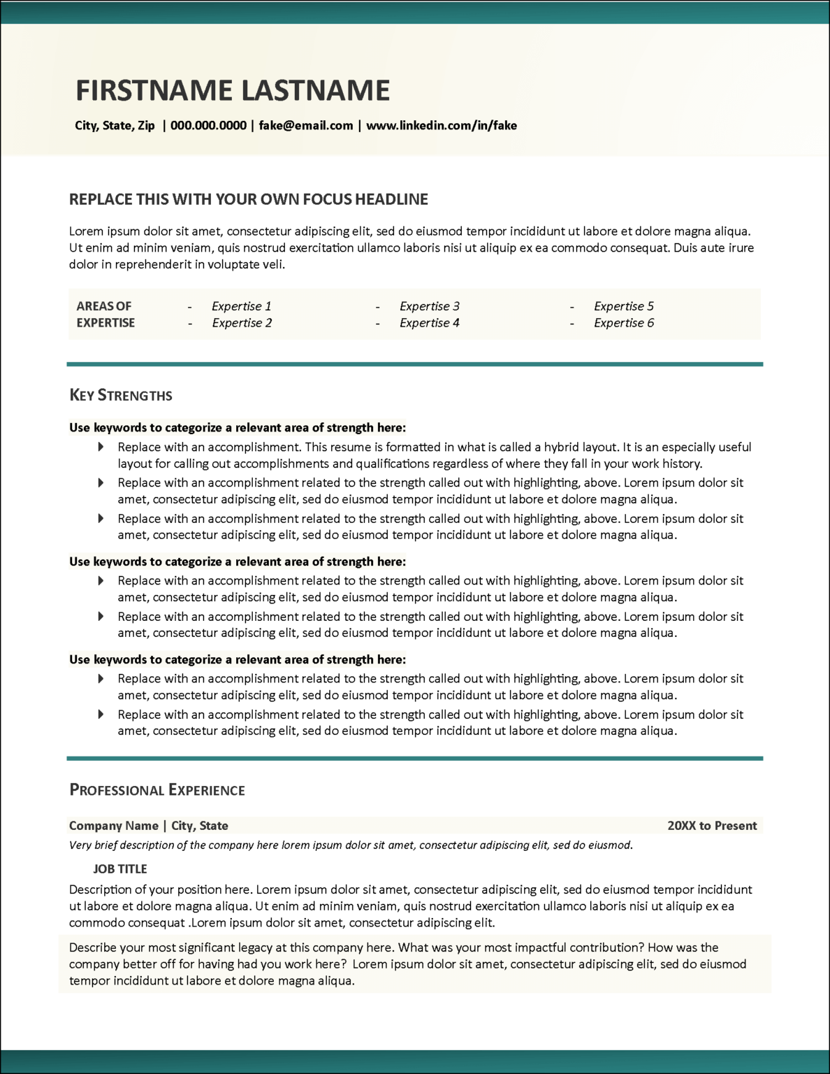 MS Word Resume Template Offering a Hybrid Resume Layout