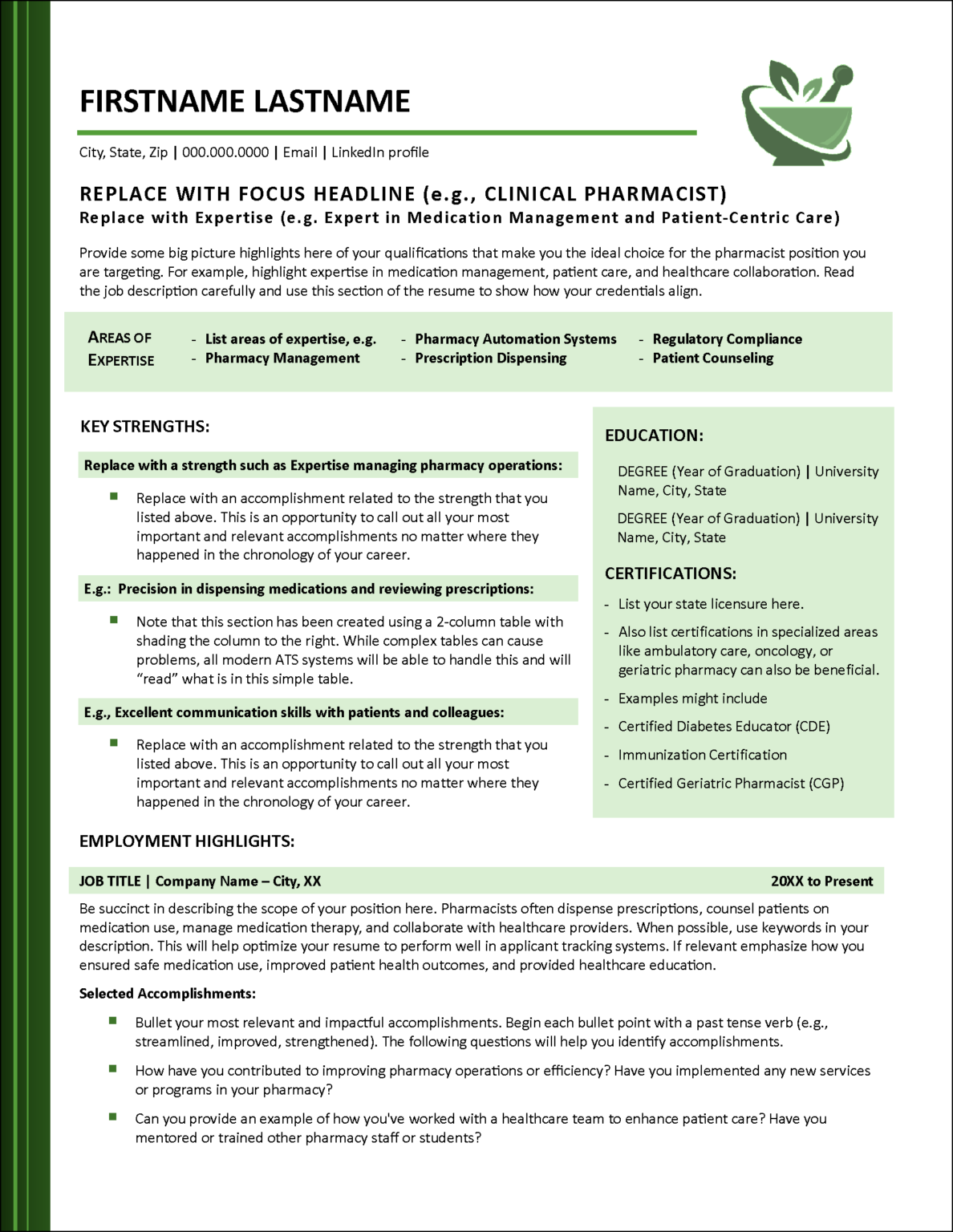 Customized Pharmacist Resume Template | Distinctive Templates