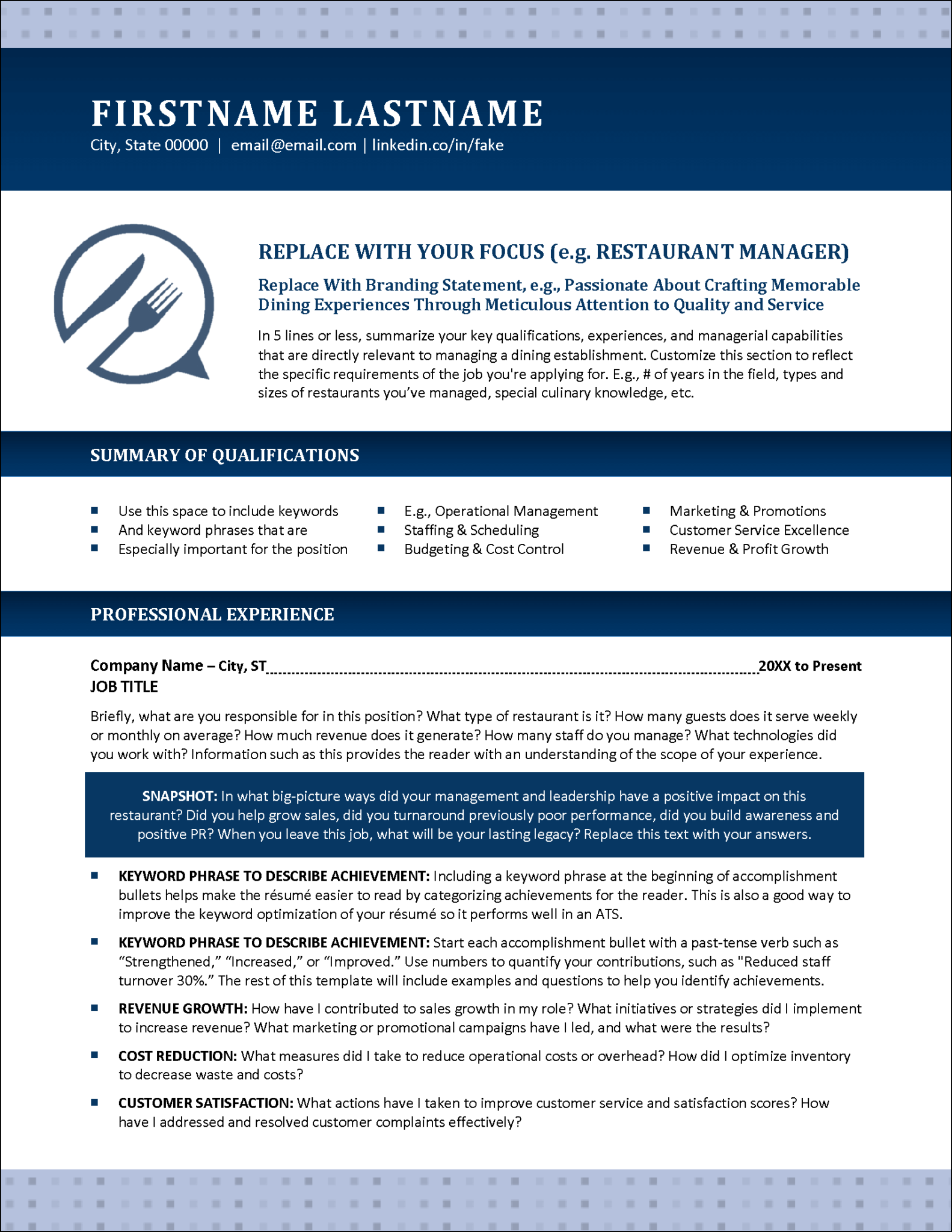 Complete Career Templates Set for Restaurant Managers | Distinctive ...