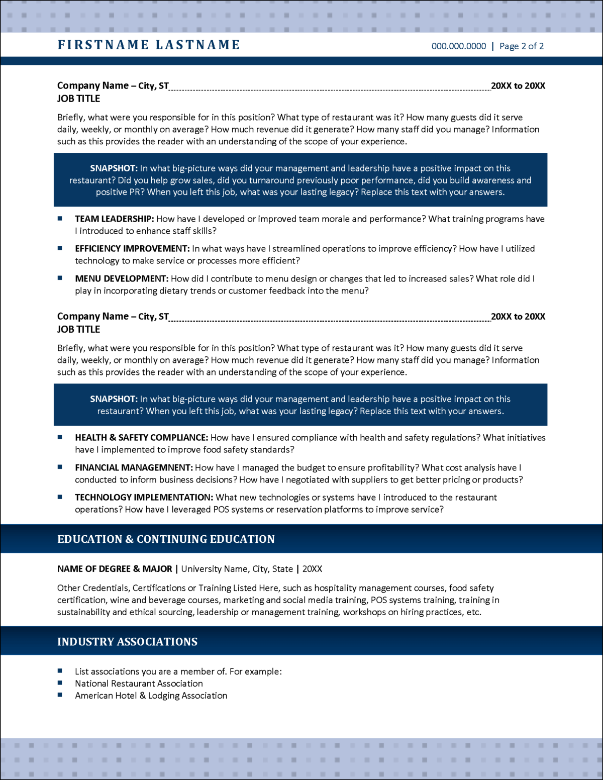 Complete Career Templates Set for Restaurant Managers | Distinctive ...