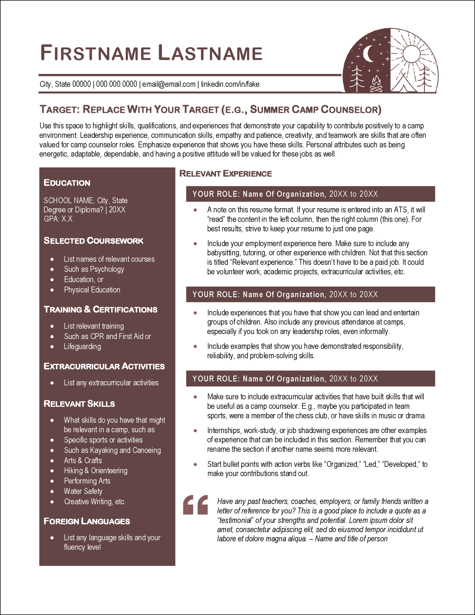 Template Set to Apply to Camp Counselor Jobs | Distinctive Templates