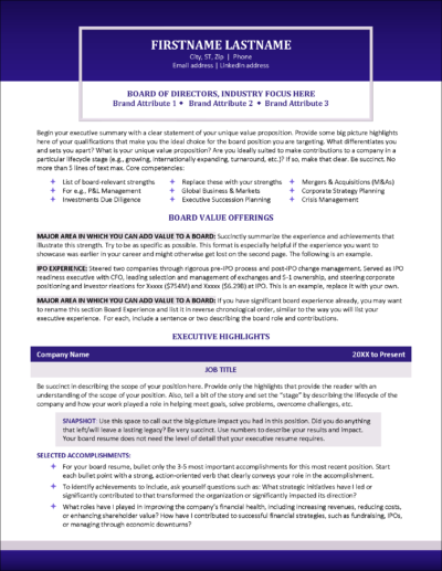 Elite Resume Template for Board of Directors | Distinctive Templates