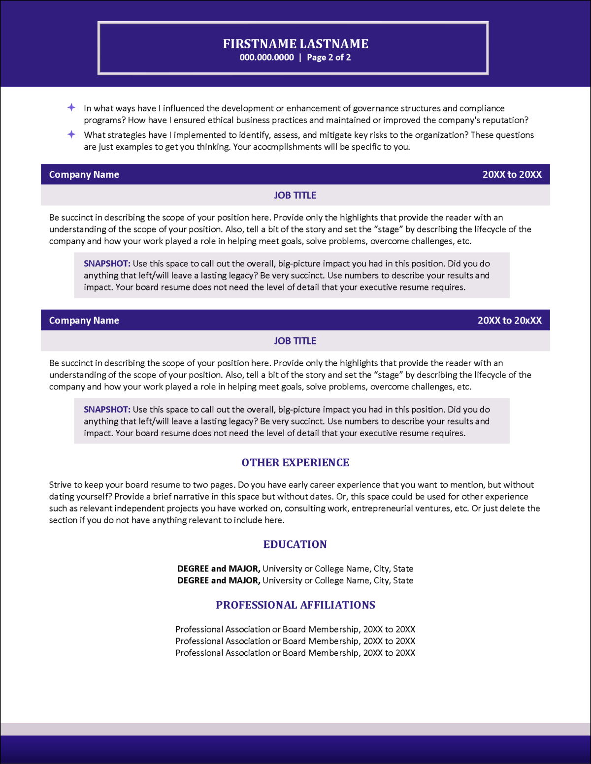 Elite Resume Template for Board of Directors | Distinctive Templates