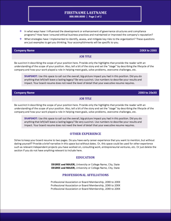 Elite Resume Template for Board of Directors | Distinctive Templates