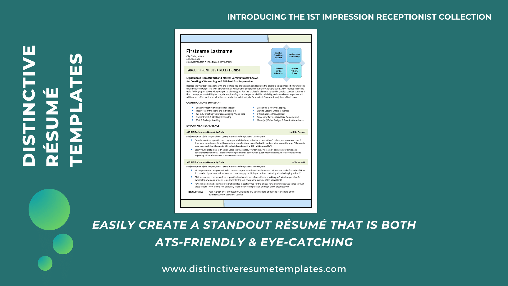 Professional Receptionist Resume Template | Distinctive Templates