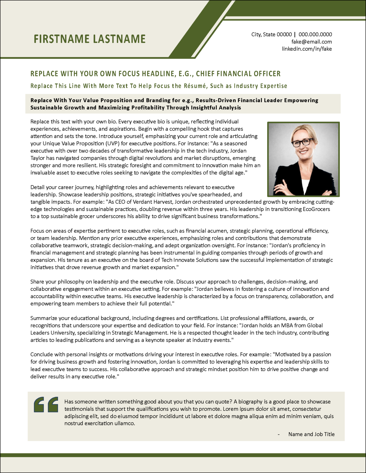 Executive Toolkit: Bio, Value Profile, References & Cover Letter Templates