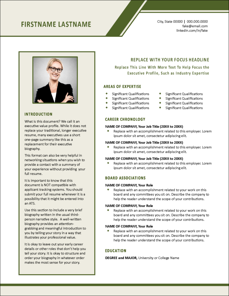 Executive Toolkit: Bio, Value Profile, References & Cover Letter Templates