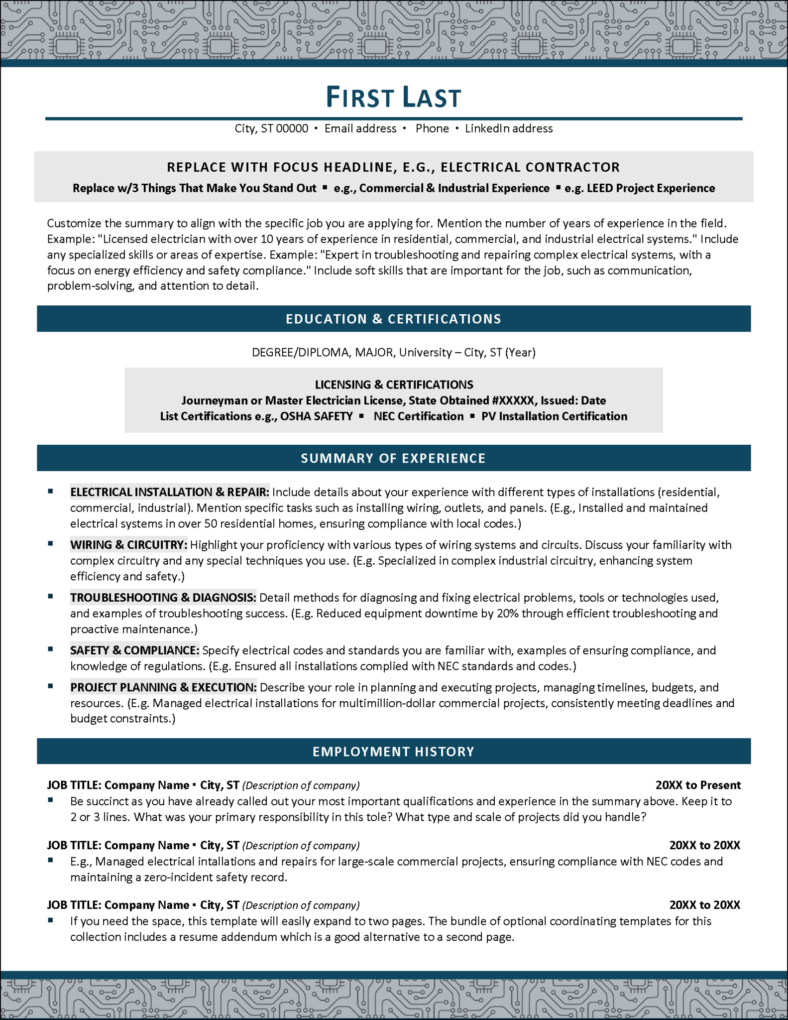 Easy-to-Customize Electrician Resume - Distinctive Templates
