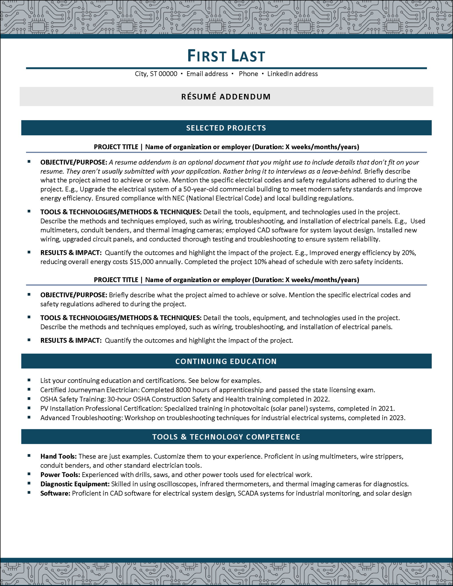 Electrician Resume Addendum, Cover Letter & References Templates