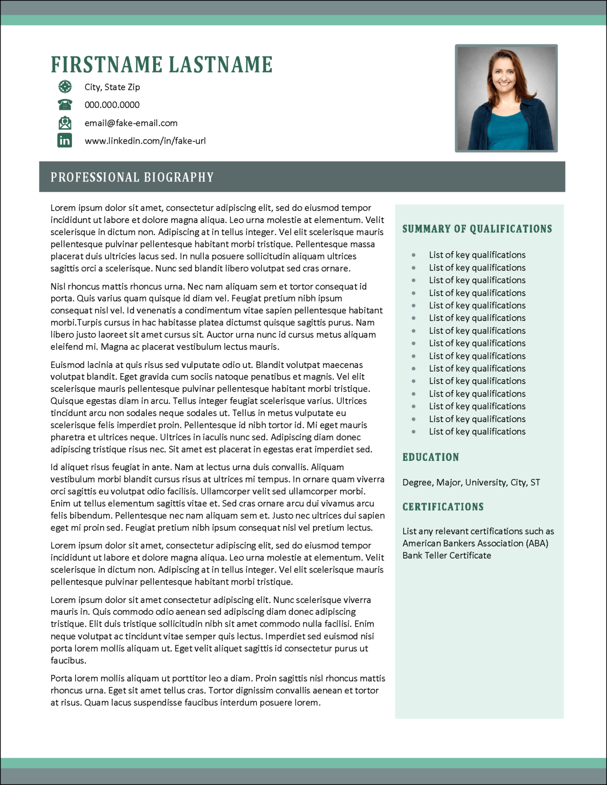 Bank Teller Professional Bio, References & Cover Letter Templates