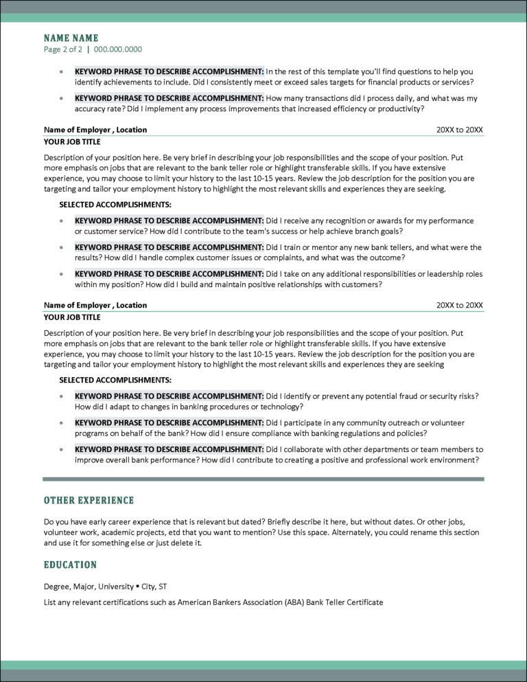 Bank Teller Resume Template - ATS-Friendly & Customizable