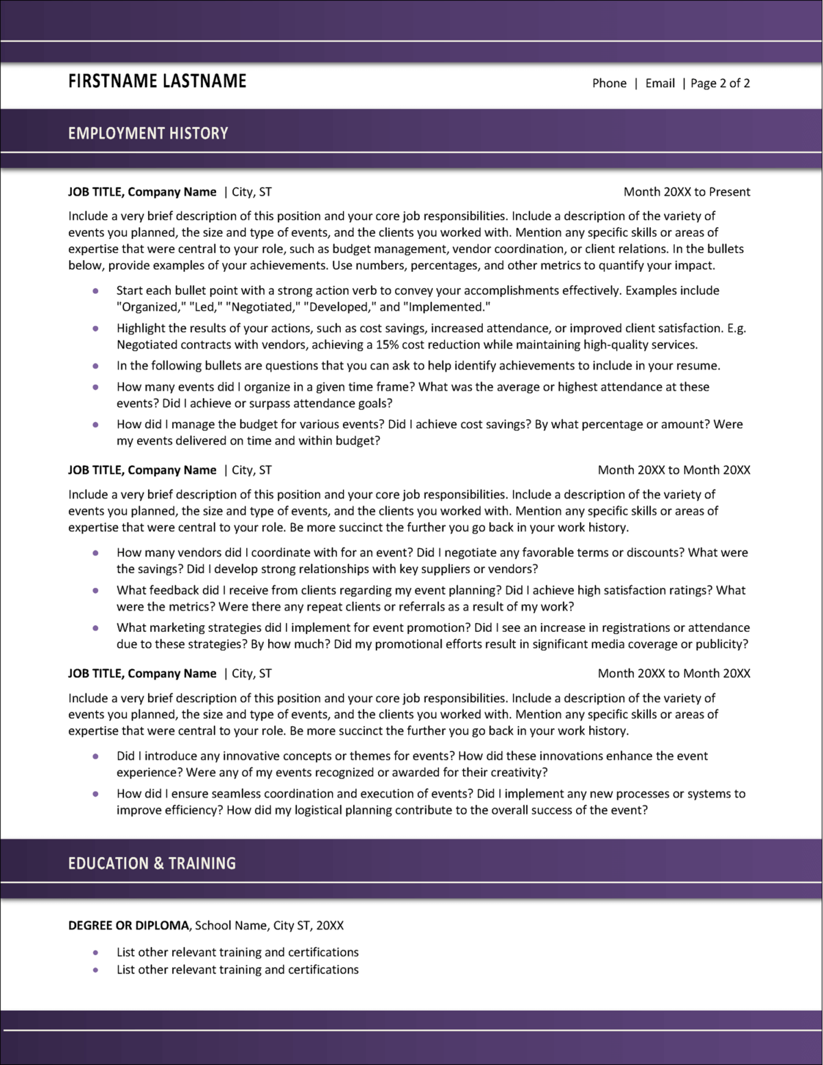 Event Planner Bio, Portfolio, References & Letterhead Templates