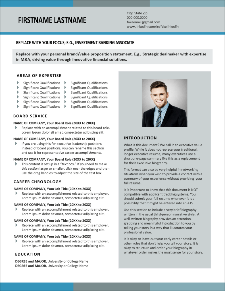 Modern Executive Profile, Biography, References & Cover Letter Templates