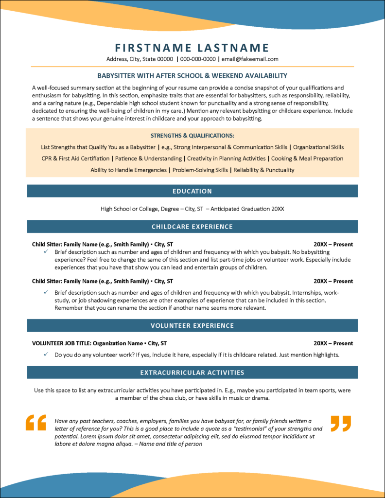 Babysitter Bio, Cover Letter & References Templates for MS Word