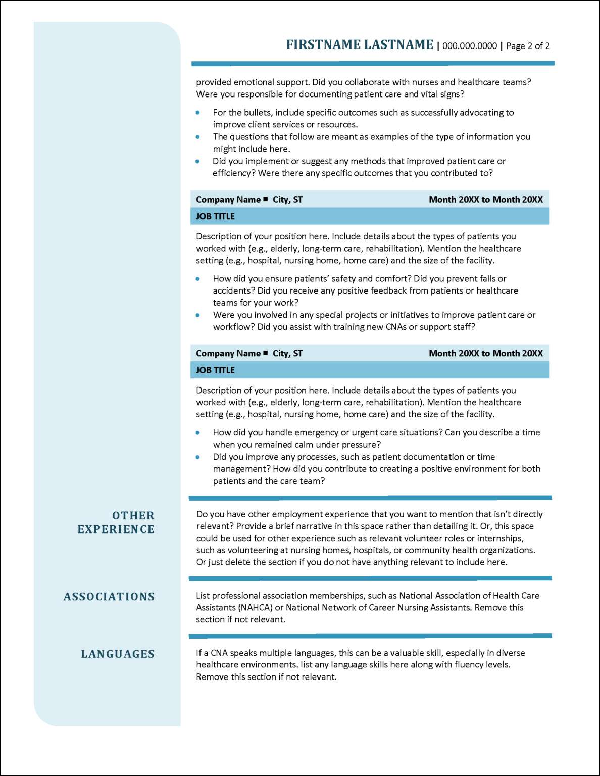 Professional CNA Resume Template | Distinctive Templates