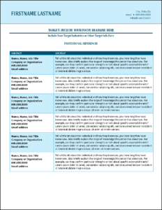 First Placement Resume Addendum, References, Bio & Cover Letter Templates