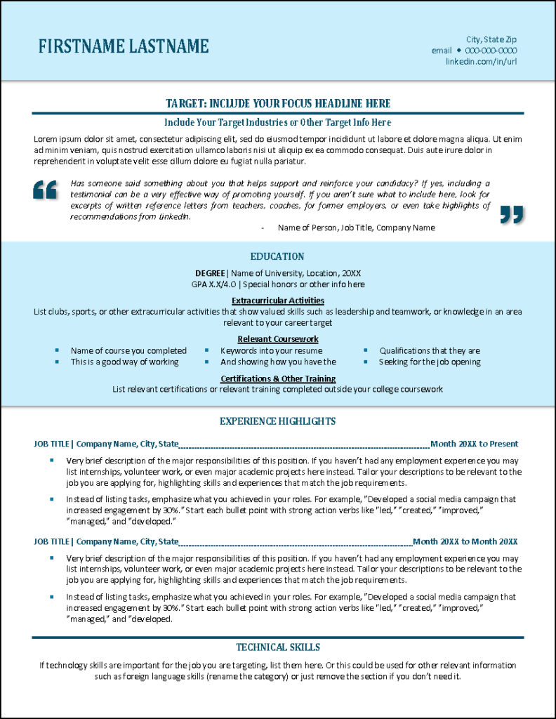 First Placement Resume Addendum, References, Bio & Cover Letter Templates