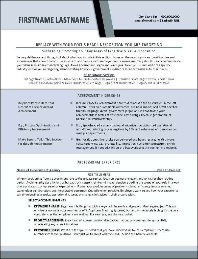 Government to Private Sector Resume Template | Distinctive Templates