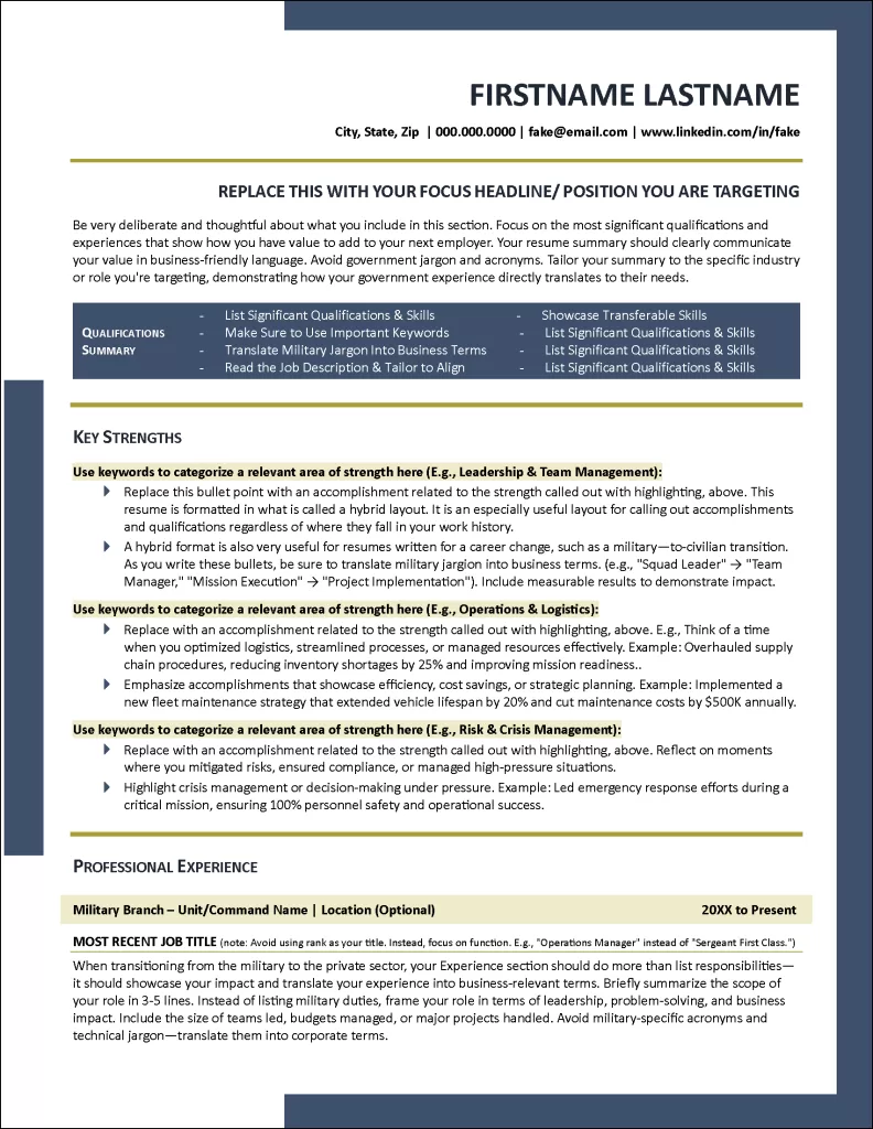 Military-to-Civilian Transition Resume Template | Distinctive Templates