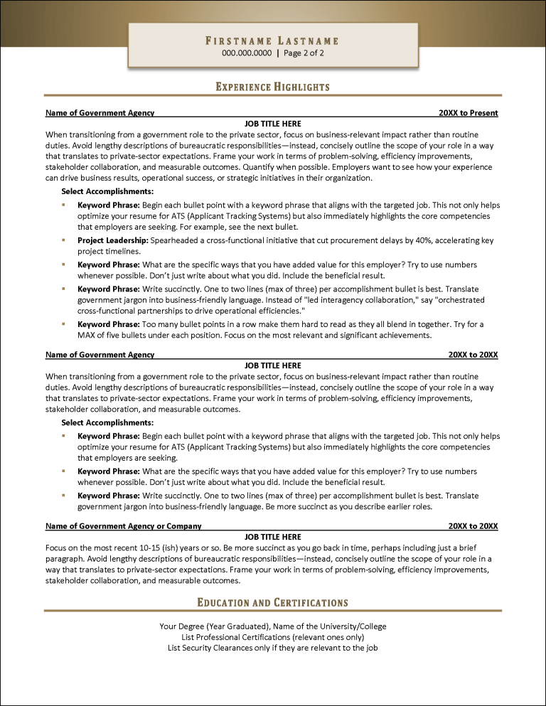 Federal to Private Resume Template | Distinctive Templates